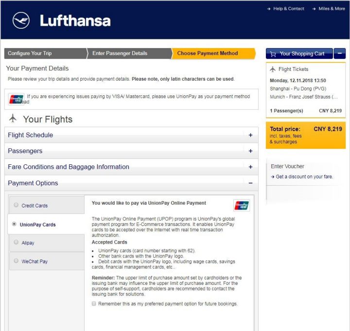 UnionPay Online Payment Method | Lufthansa